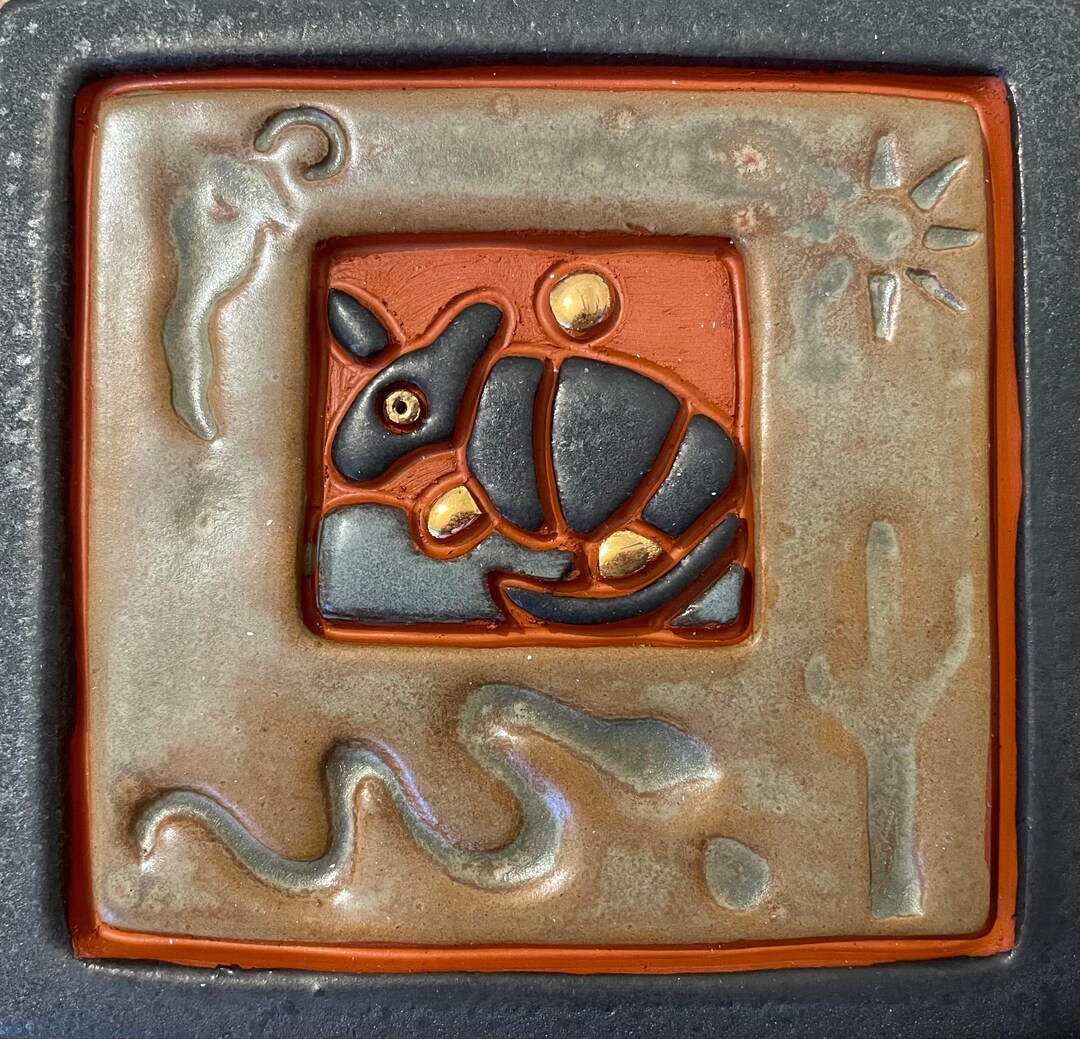 Handmade Armadillo ART Ceramic Tile - Olive Green + 22k Gold - Rustic ...