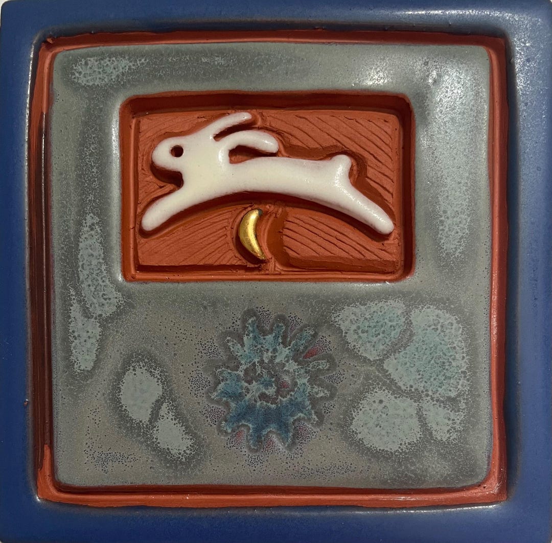 4.5” Square White Rabbit ART Tile - Glazed Terra-cotta + 22k Gold Moon ...