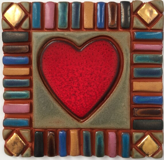 Deep Red Heart ART Tile 5 Square / Colorfully Glazed - Etsy