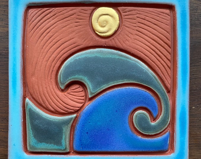 Ceramic Tile With Waves Golden SUN / Handmade in USA / Rustic Terra ...