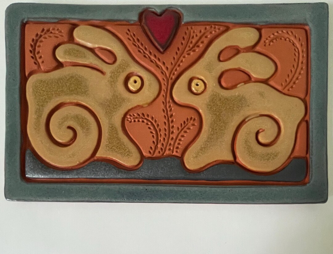 Bunny Rabbit Ceramic ART Tile / Handmade Glazed Earthenware Clay + 22k ...
