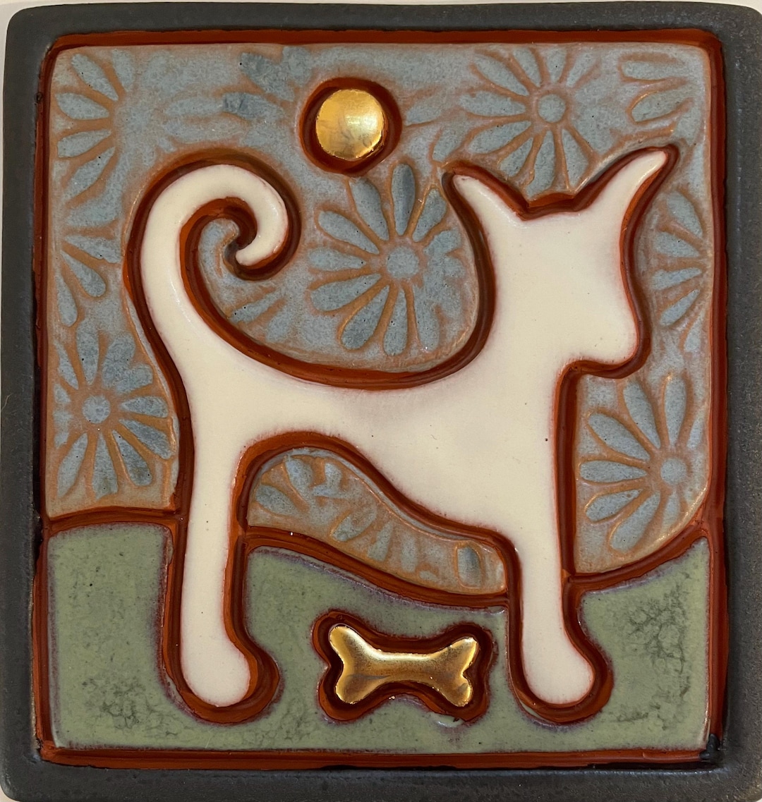 5" Square Ceramic HANDMADE White Dog Tile + Light Blue Flowers / Glazed ...