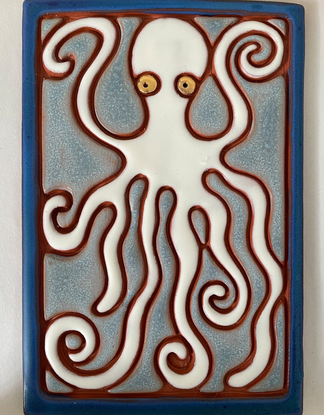 Octopus ART Tile / 7.25 X 5/ Ocean Creature White Blue Octopus Plaque ...