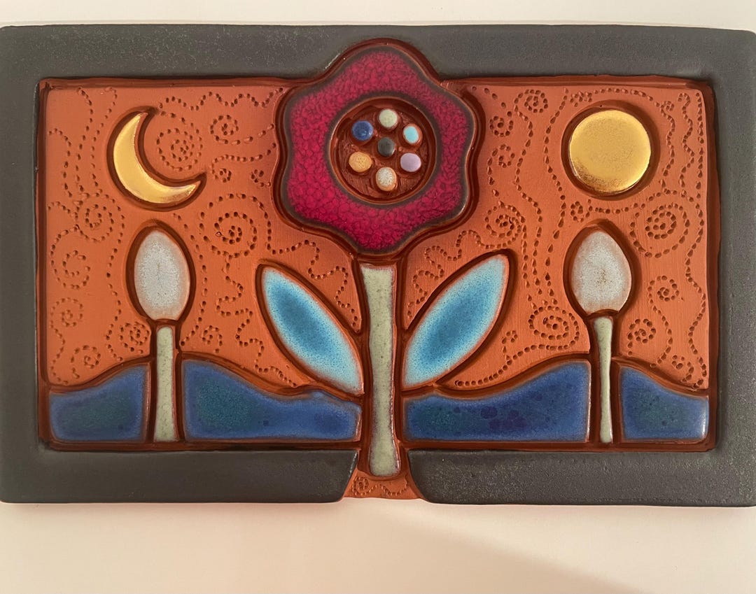 Handmade Ceramic Art Tile Colorful Rustic Floral Nature Scene Red ...