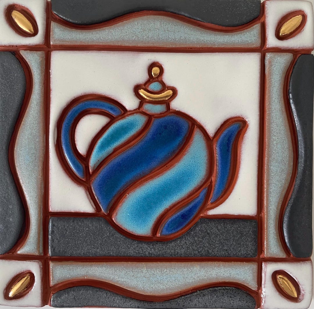 Teapot -blue + White Kitchen Decor / Decorative Tiles Unique Backsplash ...