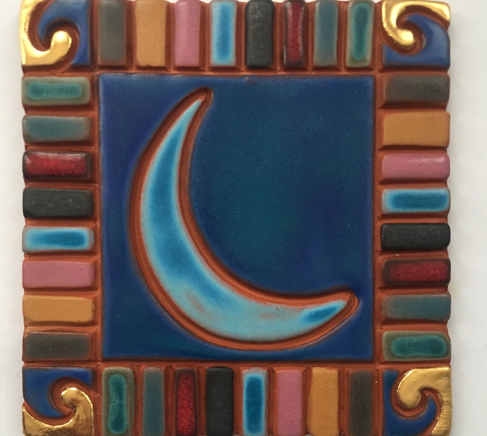Crescent Moon ART Tile / Blue Turquoise Multi Colored Glazes | Etsy
