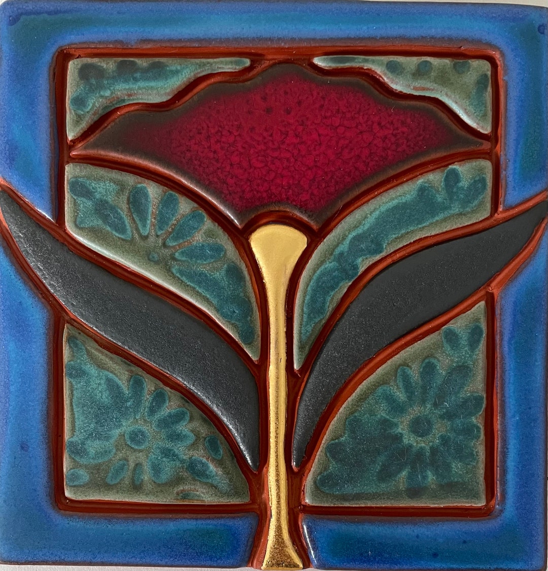 Art Deco Flower Wall Plaque / Blue Red + Gold / Colorful Bright ...