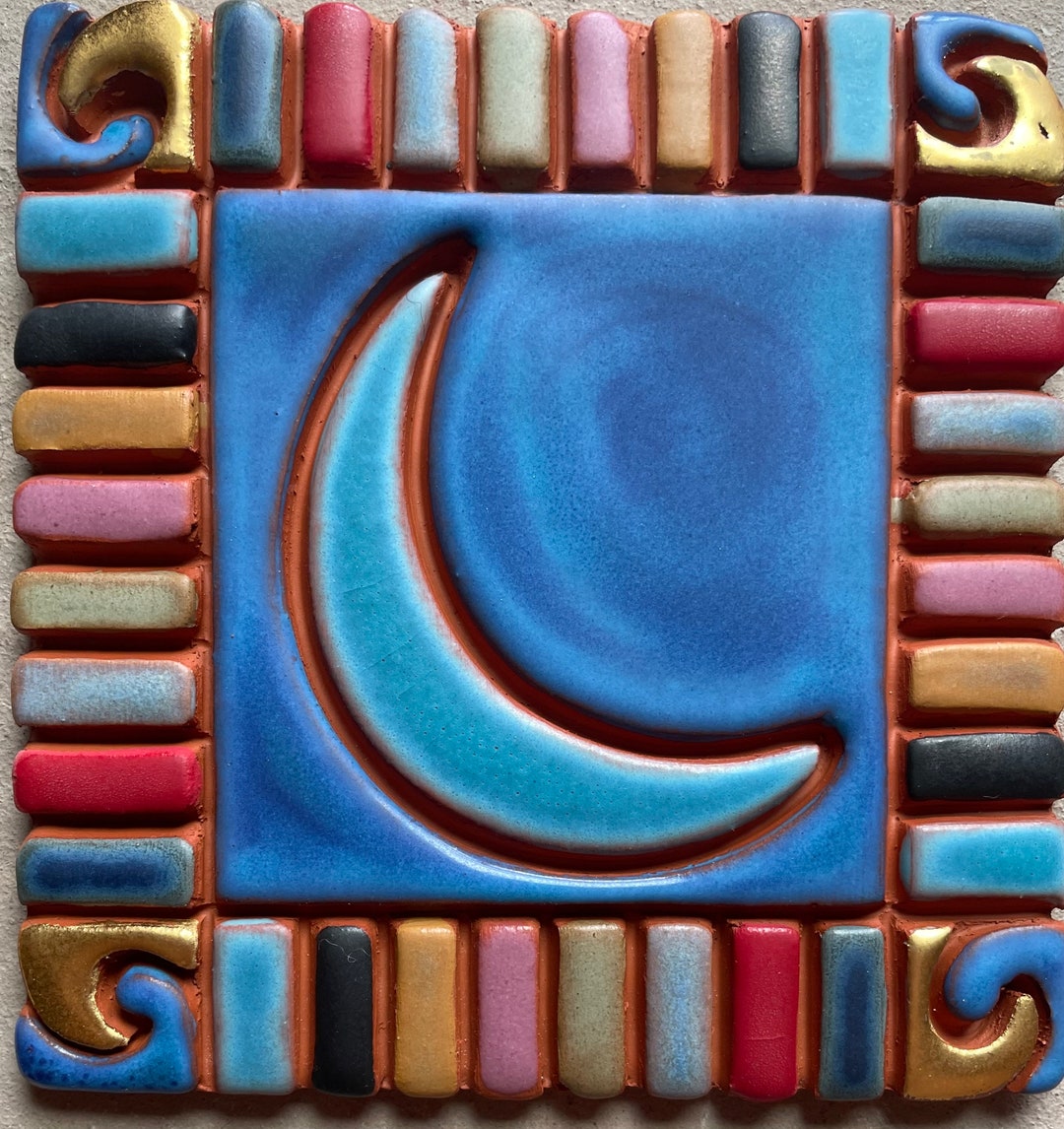 Crescent Moon ART Tile / Blue Turquoise Multi Colored Glazes - Etsy