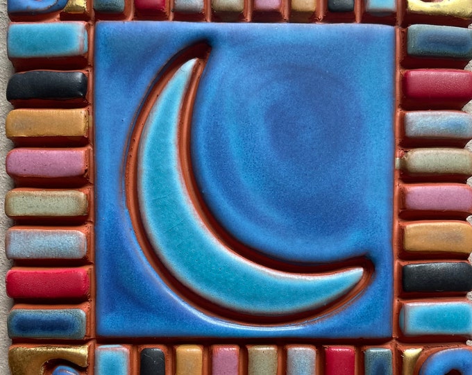 Crescent Moon ART Tile / Blue, Turquoise, Multi Colored Glazes ...