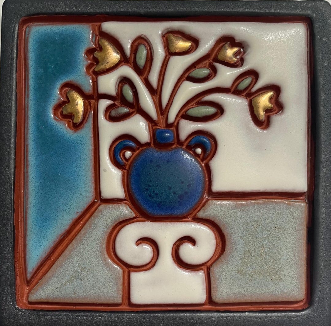 Handmade Flower Vase ART Tile - Still Life Glazed Terra Cotta Clay ...