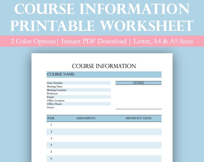 Printable Class Information Worksheet | Course Information Sheet ...