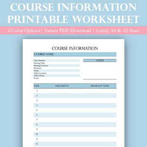 Printable Class Information Worksheet | Course Information Sheet ...