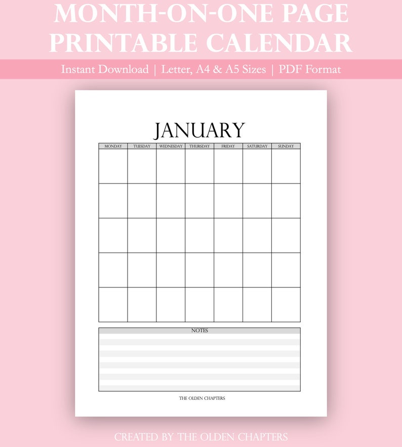 Undated Month on One Page Printable Calendar | Monthly Calendar ...