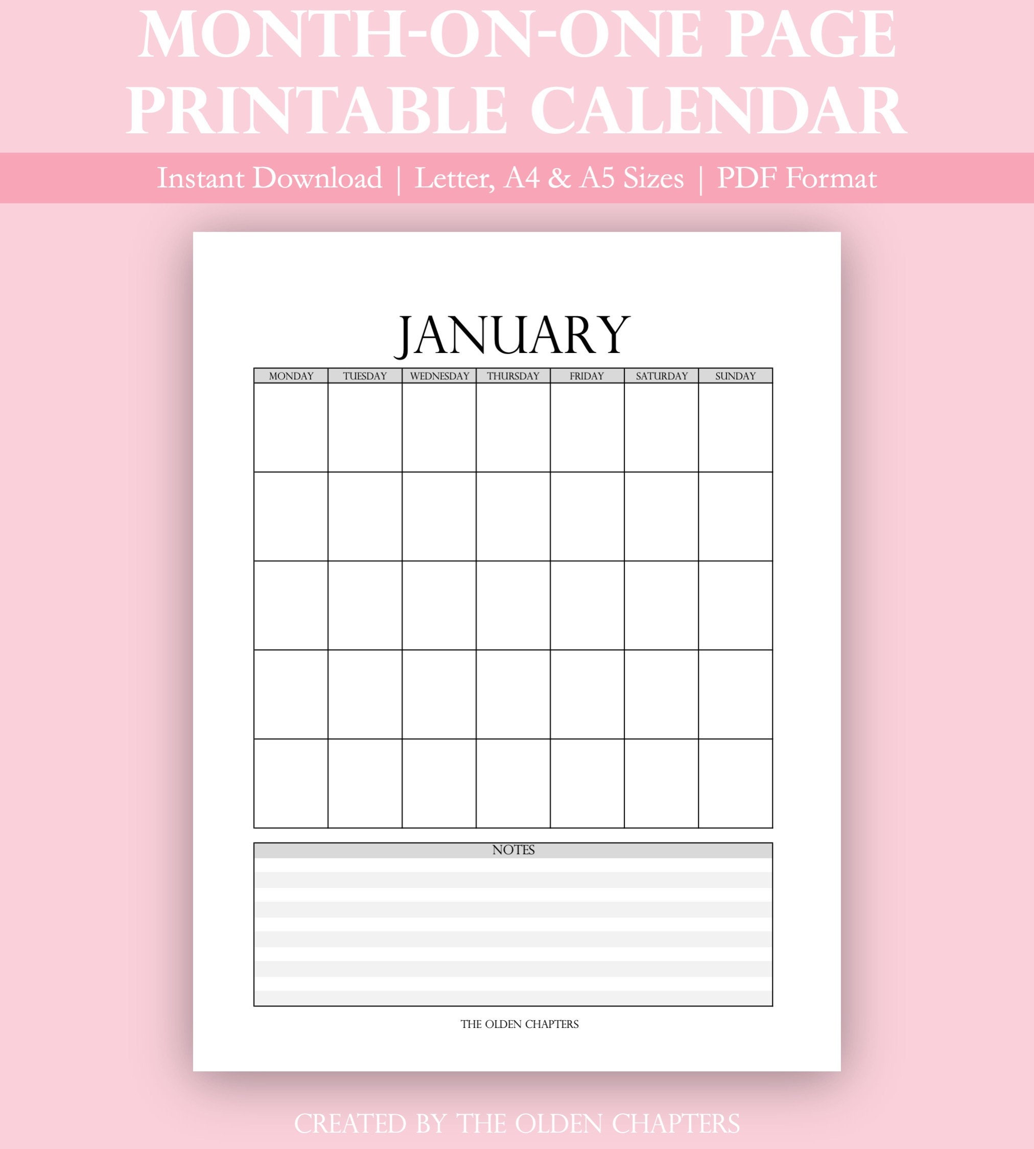 Undated Month on One Page Printable Calendar | Monthly Calendar ...
