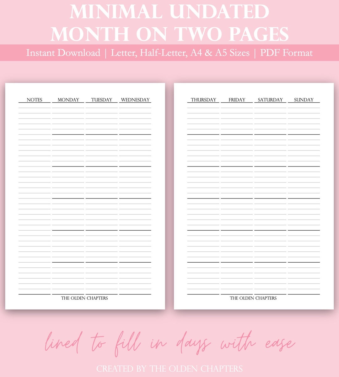 Undated Printable Monthly Planner | Lined Monthly Kit | Month on Two ...