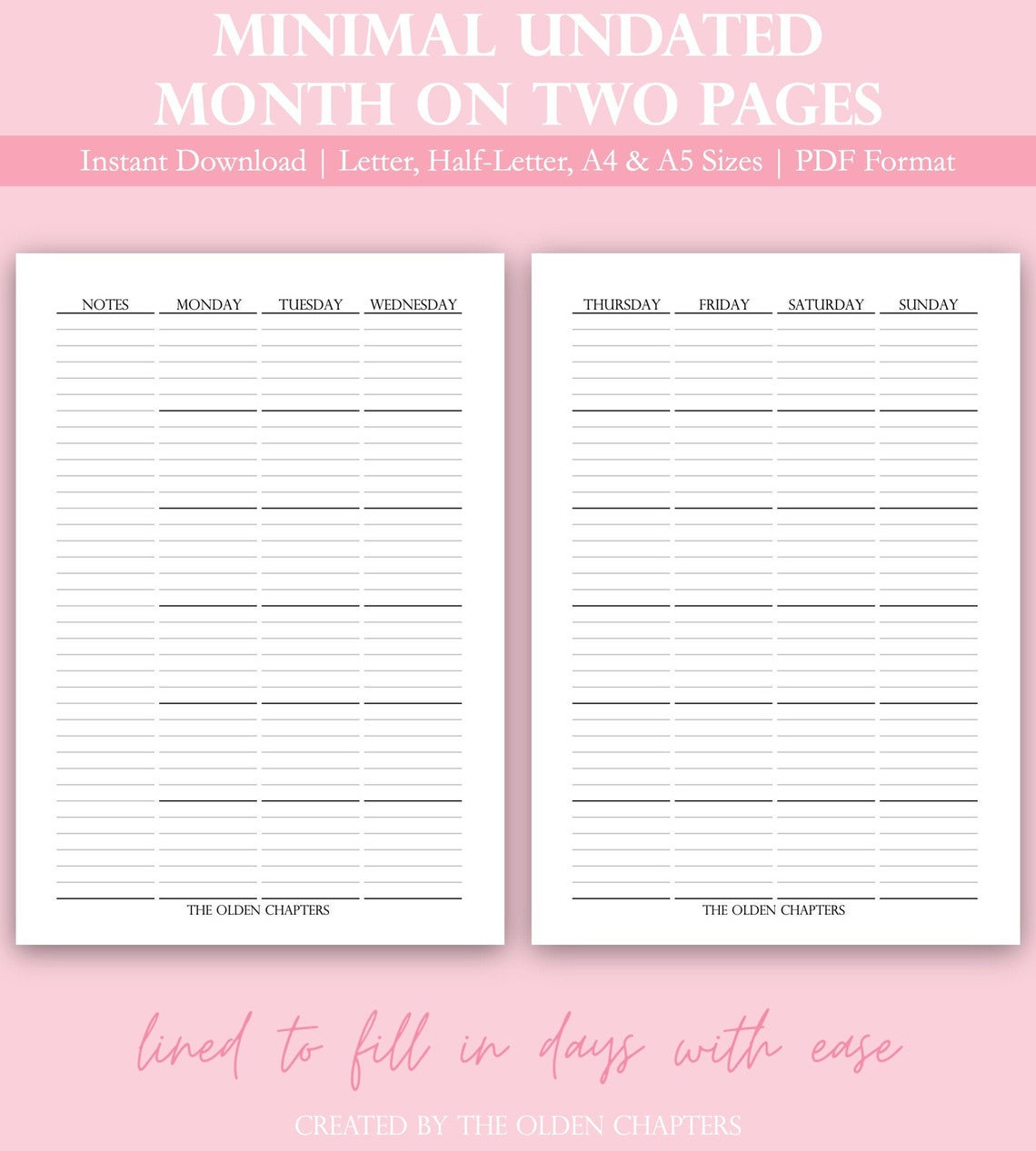 Undated Printable Monthly Planner | Lined Monthly Kit | Month on Two ...