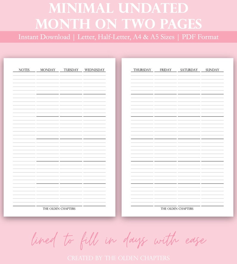 Undated Printable Monthly Planner | Lined Monthly Kit | Month on Two ...