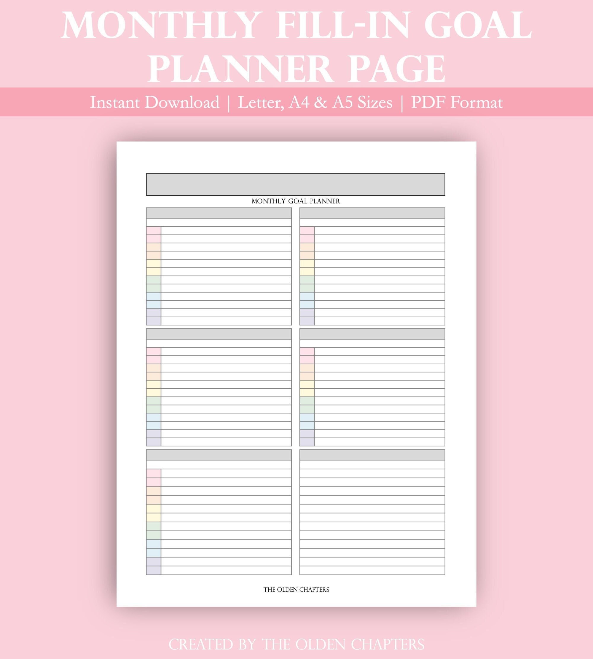 Monthly Fill-in Goal Planner Printable Page weekly Planner Goal Monthly ...