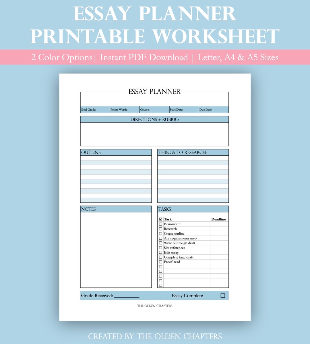 Printable Essay Planner | Essay Organization Worksheet | Class Planner ...