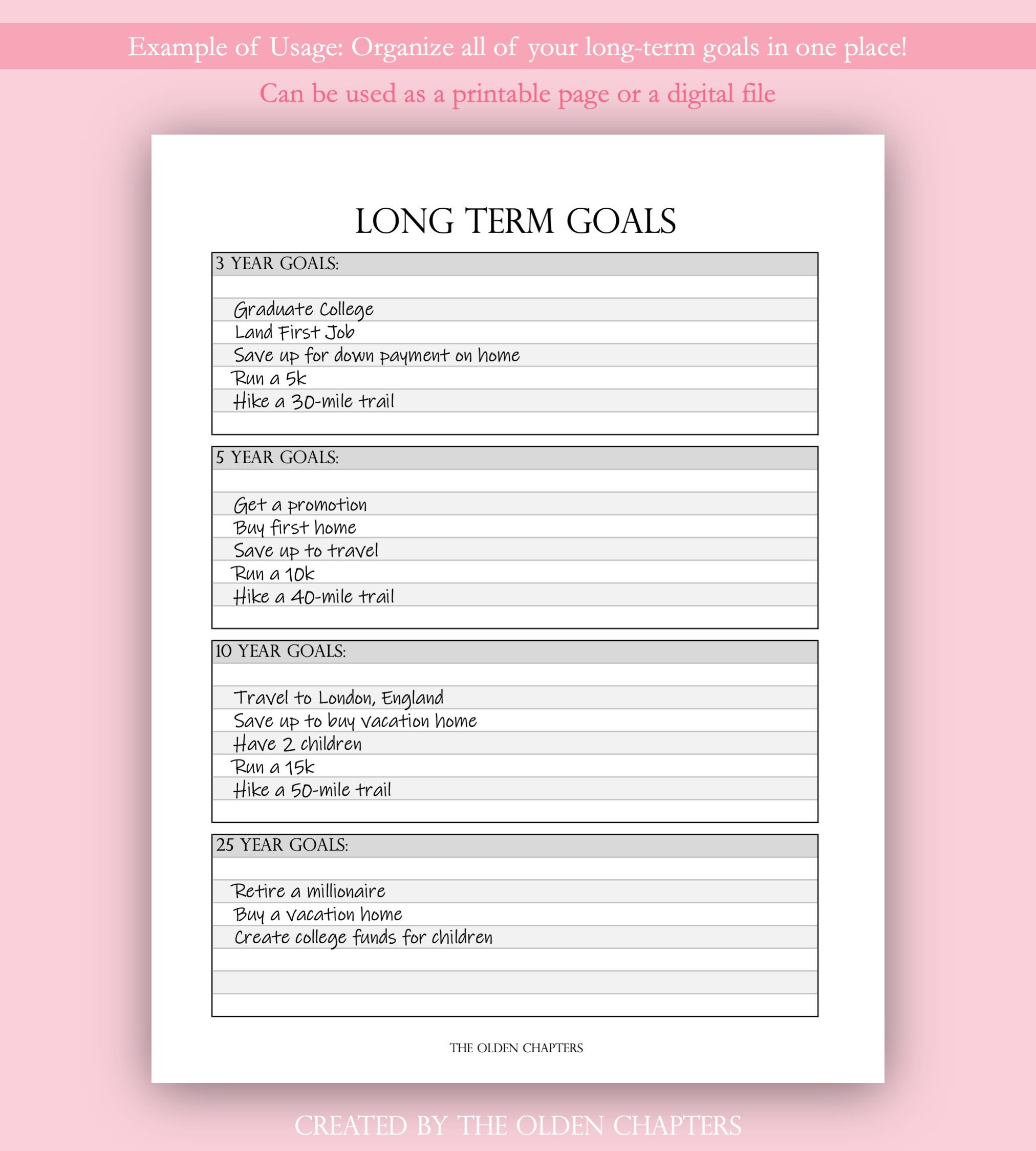 Goal List Printable Bundle | Digital Goal Lists | Goal Setting | Yearly ...