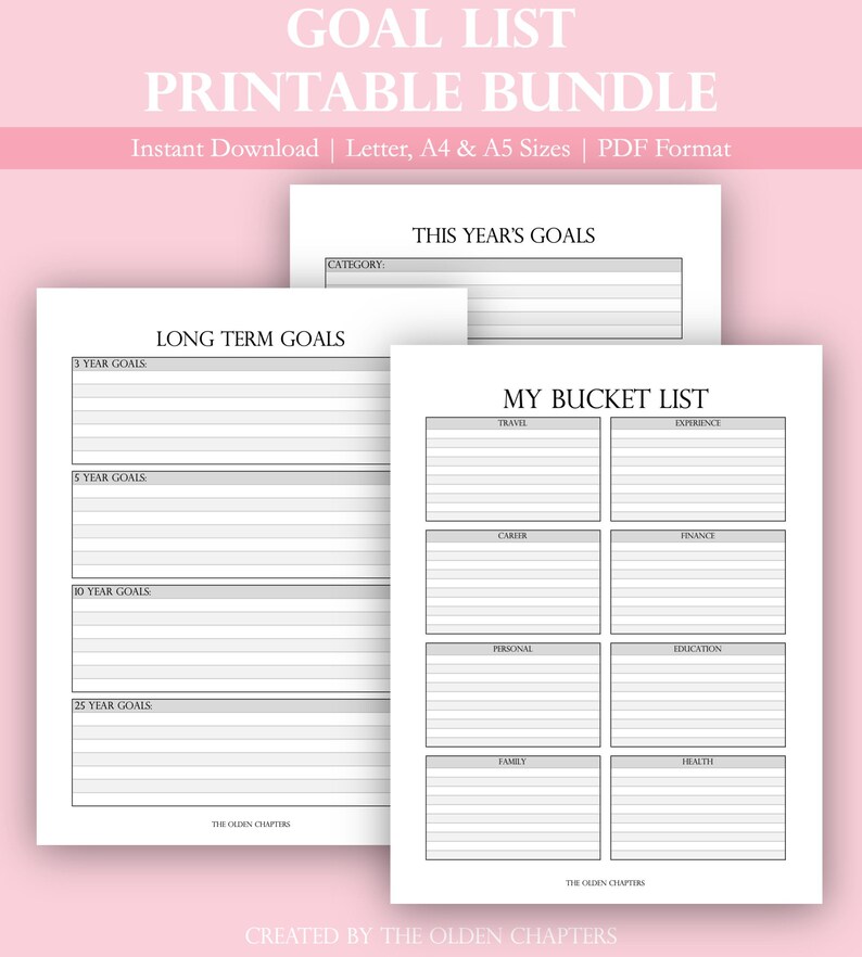 Goal List Printable Bundle | Digital Goal Lists | Goal Setting | Yearly ...