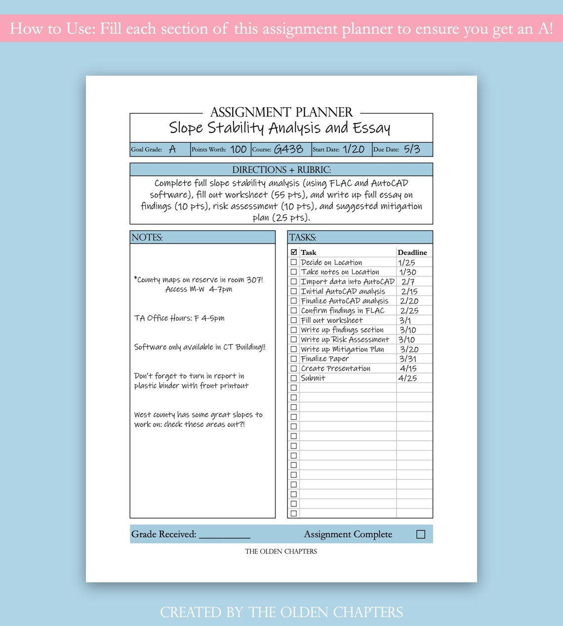 Printable Assignment Worksheet | School Project Planner | College ...