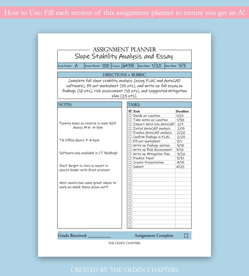 Printable Assignment Worksheet | School Project Planner | College ...