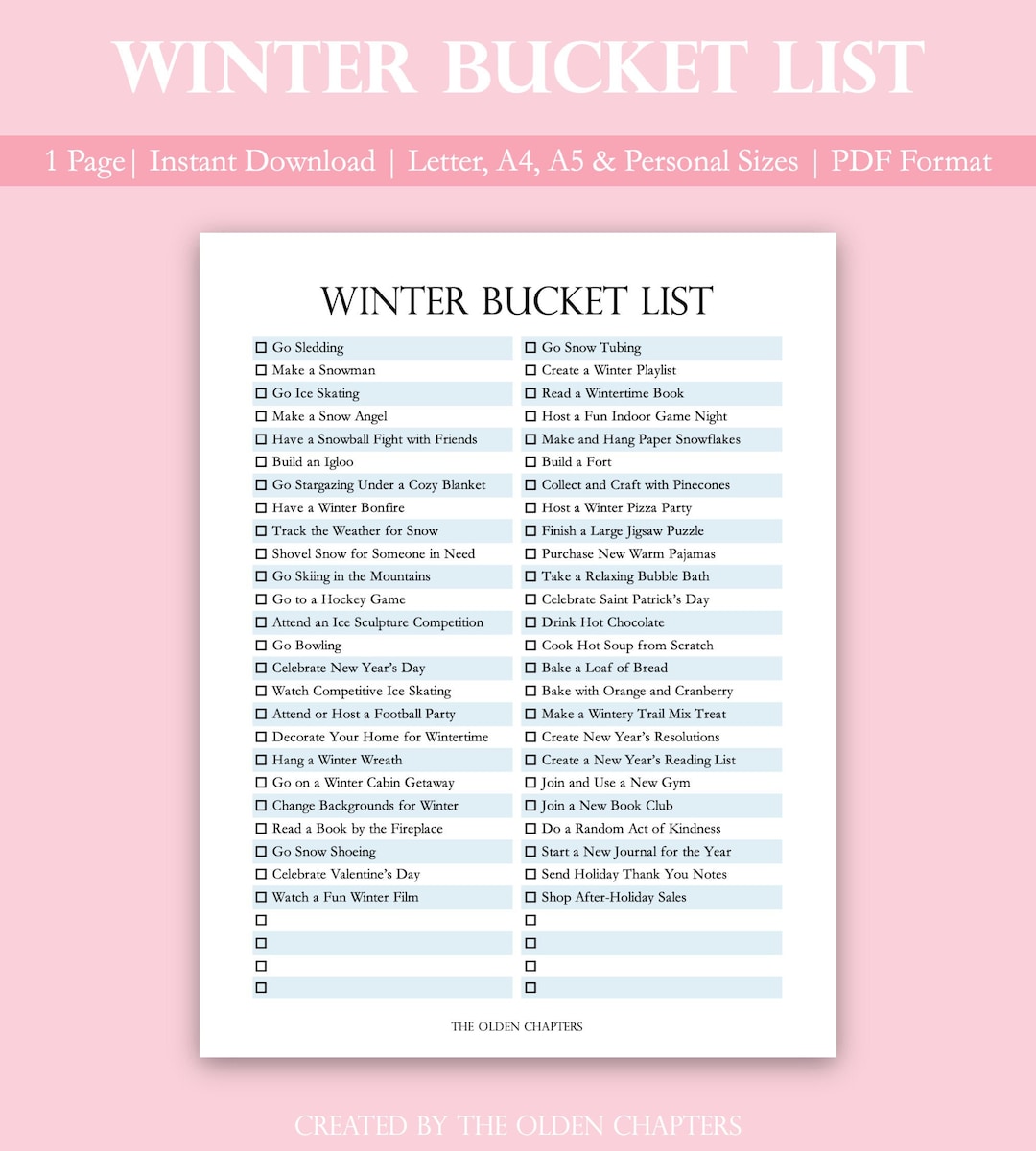 Winter Bucket List Printable | Activity Checklist | Seasonal List ...