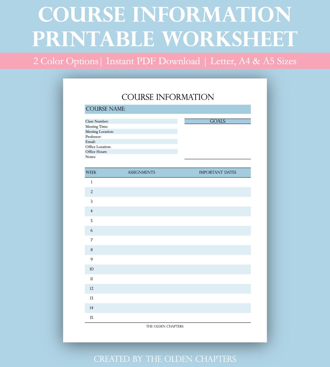 Printable Class Information Worksheet | Course Information Sheet ...