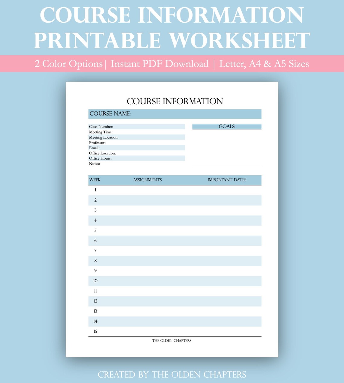 Printable Class Information Worksheet | Course Information Sheet ...
