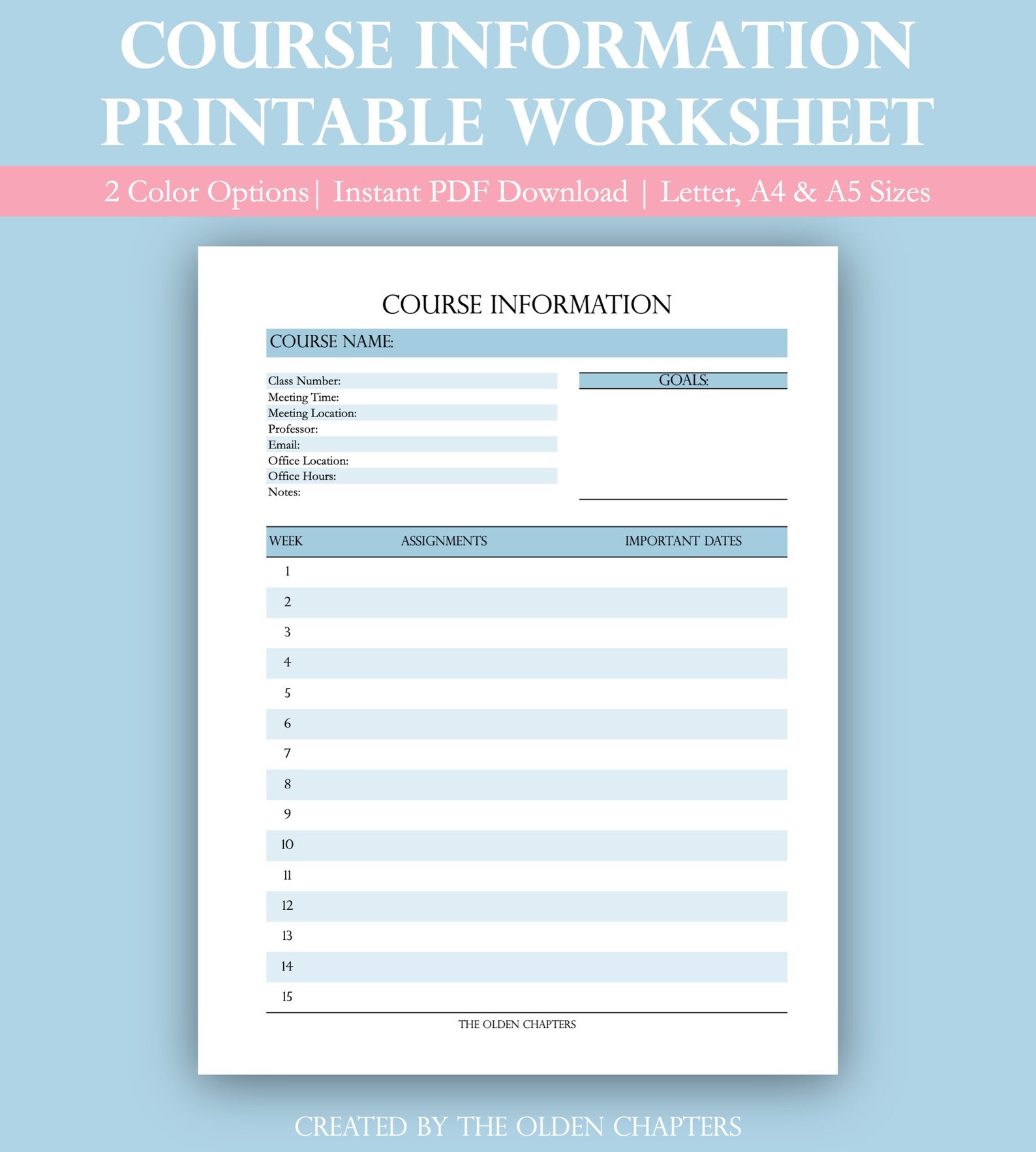 Printable Class Information Worksheet | Course Information Sheet ...