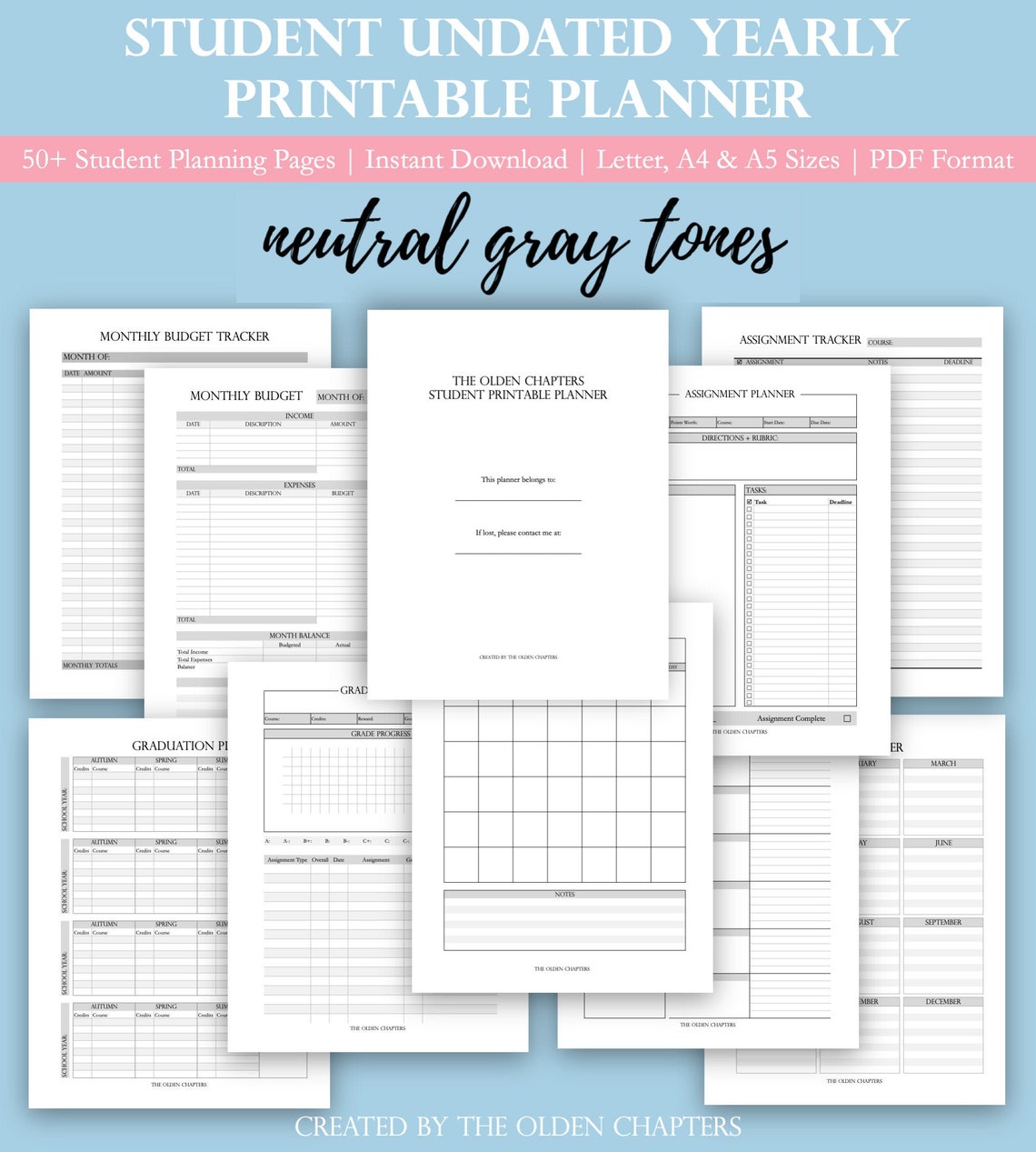Neutral Printable Student Planner Undated College Student - Etsy
