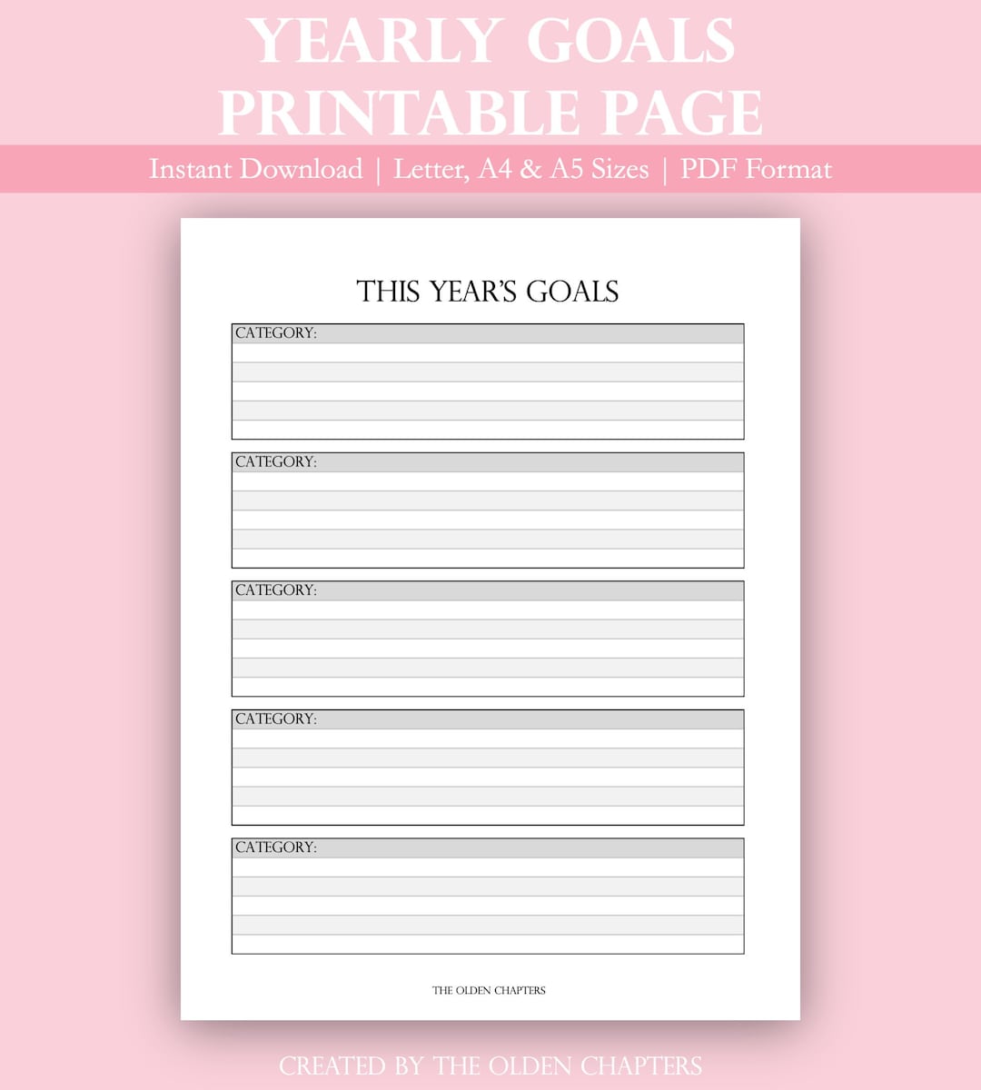 Yearly Goals Printable Page | Yearly Goal Planner | Digital Goals ...