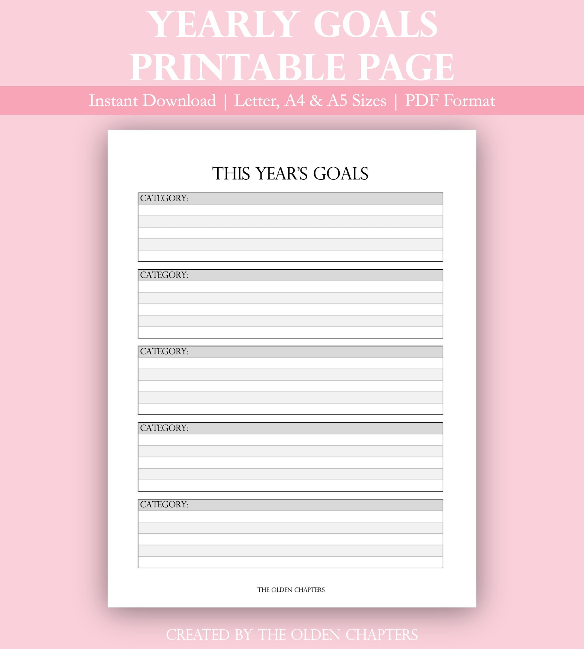 Yearly Goals Printable Page | Yearly Goal Planner | Digital Goals ...