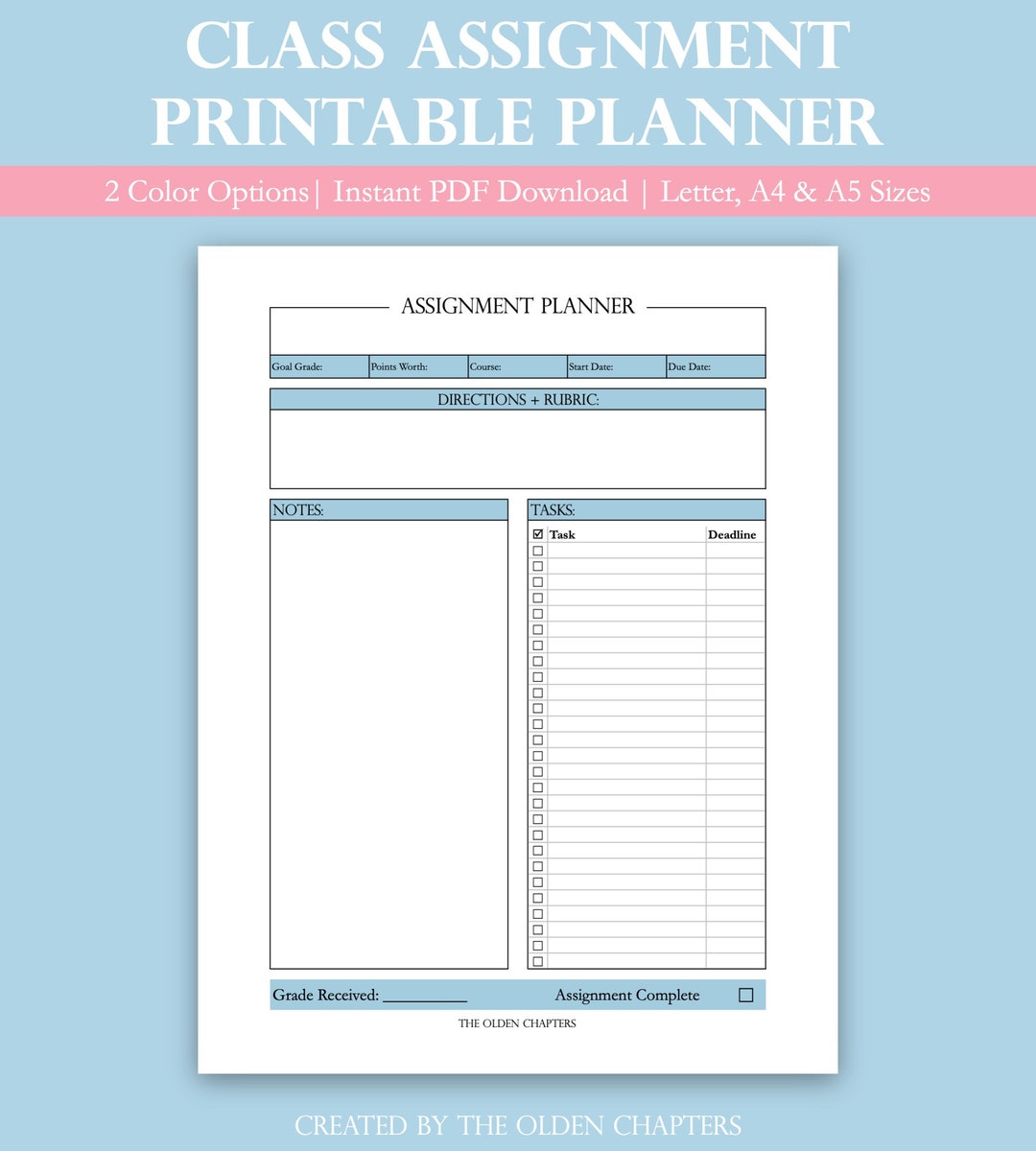 Printable Assignment Worksheet | School Project Planner | College ...