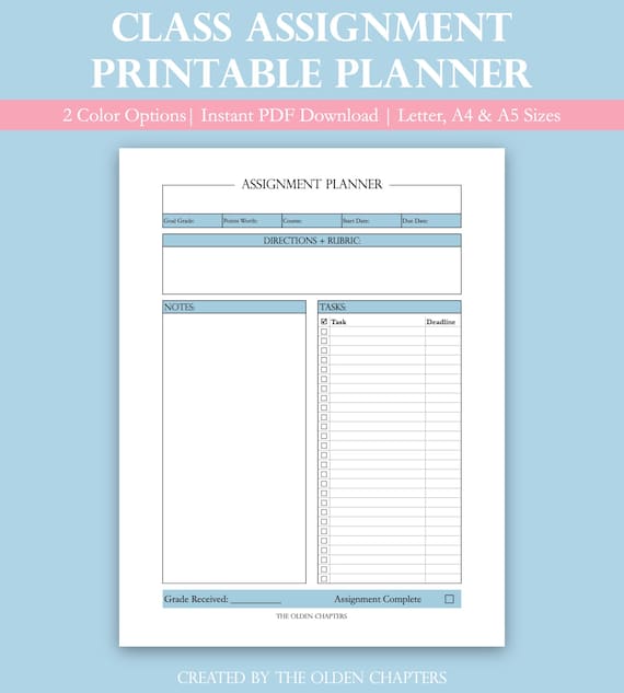 Printable Assignment Worksheet School Project Planner | Etsy