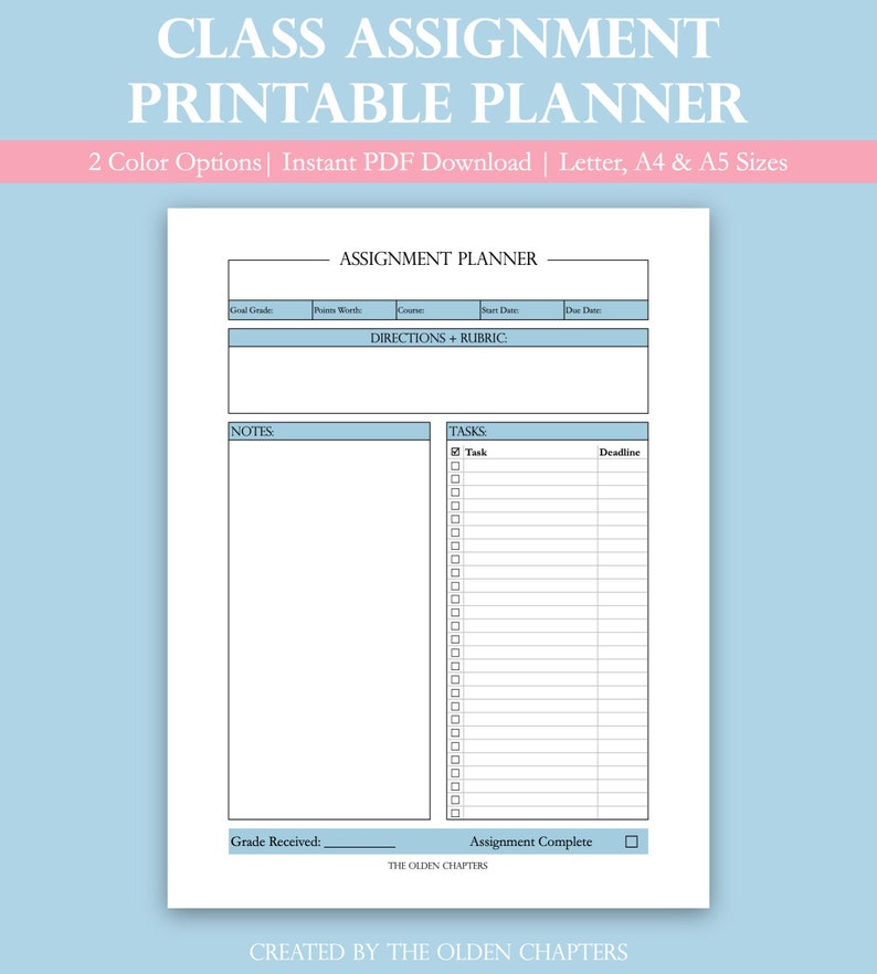 Printable Assignment Worksheet | School Project Planner | College ...