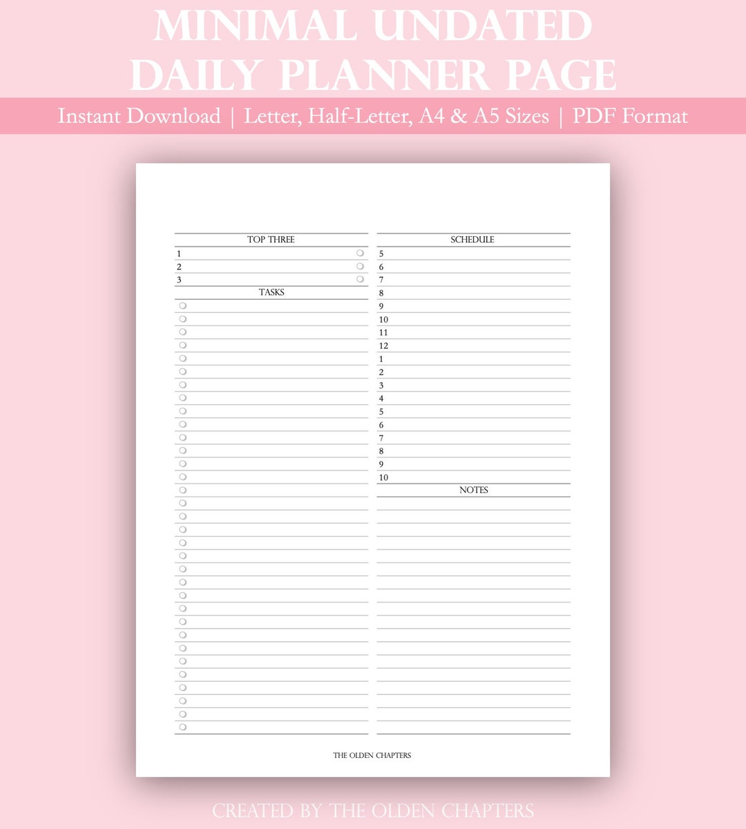 Undated Printable Daily Planner Insert | Minimal Daily Planner Refill ...
