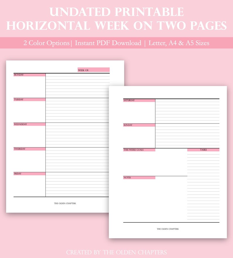 Printable Horizontal Week on Two Page Planner Insert | Weekly Planner ...