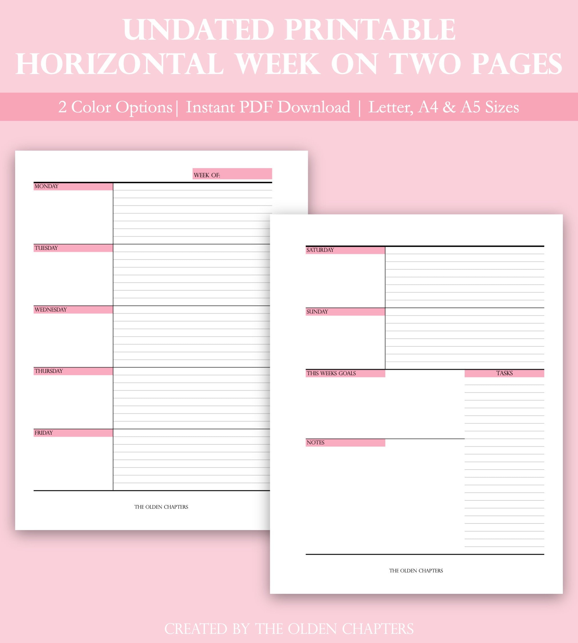 Printable Horizontal Week on Two Page Planner Insert | Weekly Planner ...