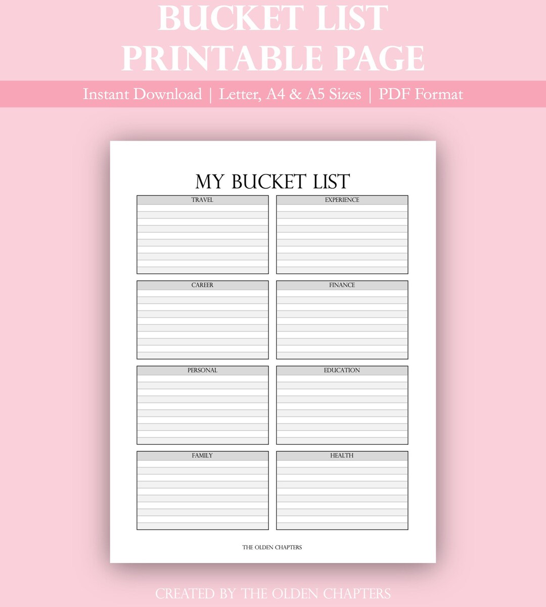 Bucket List Printable Worksheet | Planner Insert | Digital Planner File ...