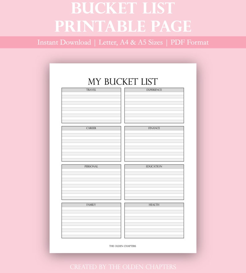 Bucket List Printable Worksheet Planner Insert Digital Planner File ...