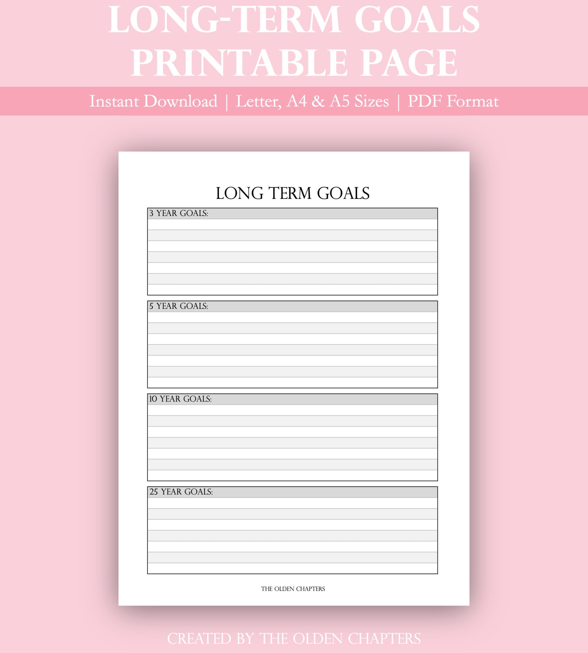 Long Term Goals Printable Page | Goal Planner Insert | Printable Goal ...