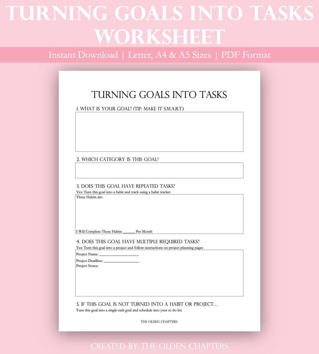 Turn Goals Into Tasks Printable Worksheet | Goals Worksheet | Digital ...