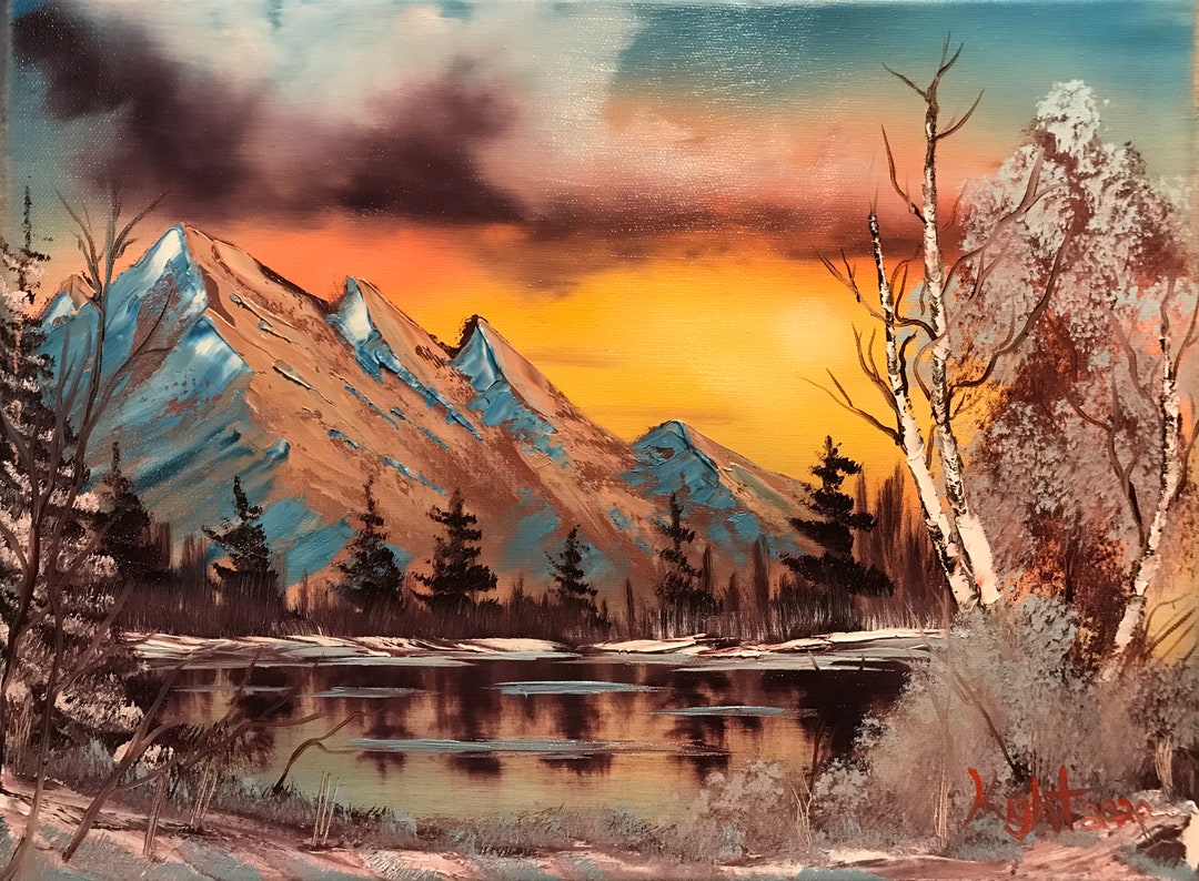 Warm Winter Sunset Glow - Bob Ross Inspired Original Artwork - Oil on ...