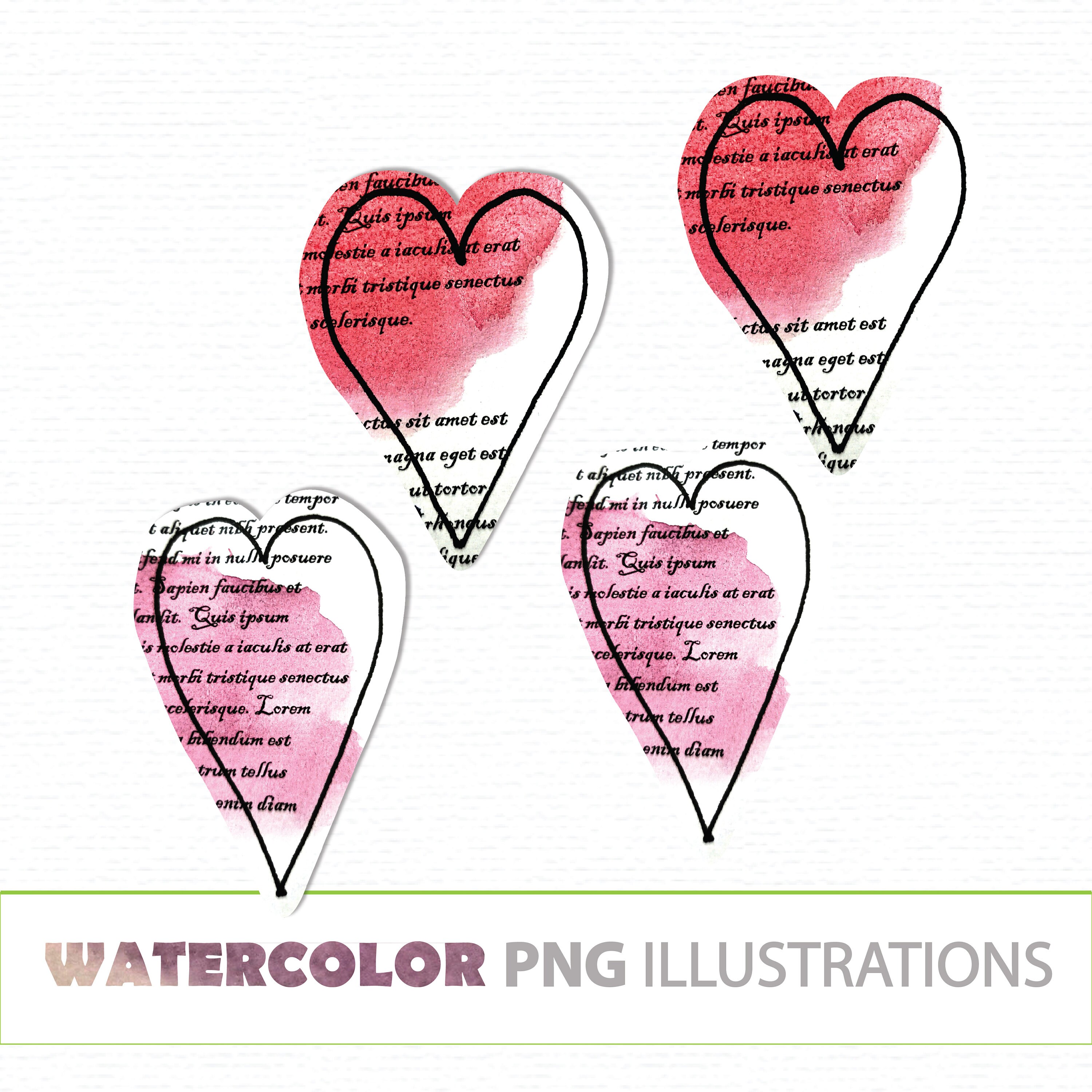 WATERCOLOR Hand Drawn Hearts PNG Clip Art Romantic Stickers Printable ...