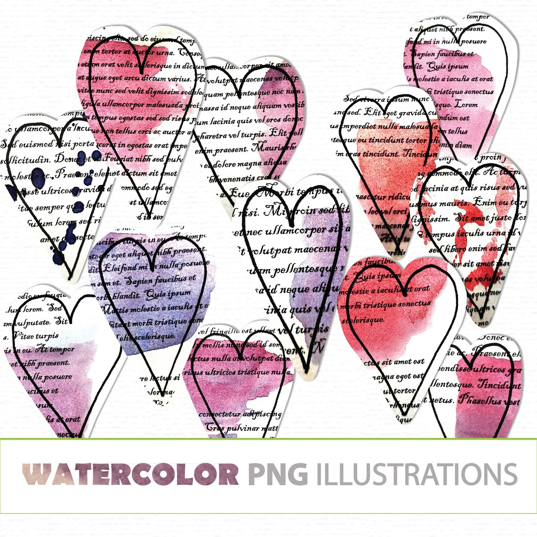 WATERCOLOR Hand Drawn Hearts PNG Clip Art Romantic Stickers Printable ...