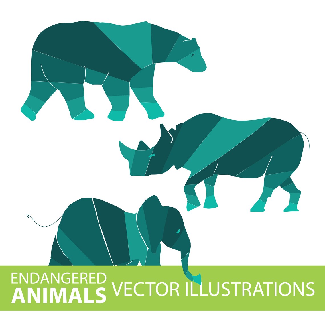 Endangered ANIMALS Clip Art ILLUSTRATION Rhinoceros Elephant Polar Bear ...