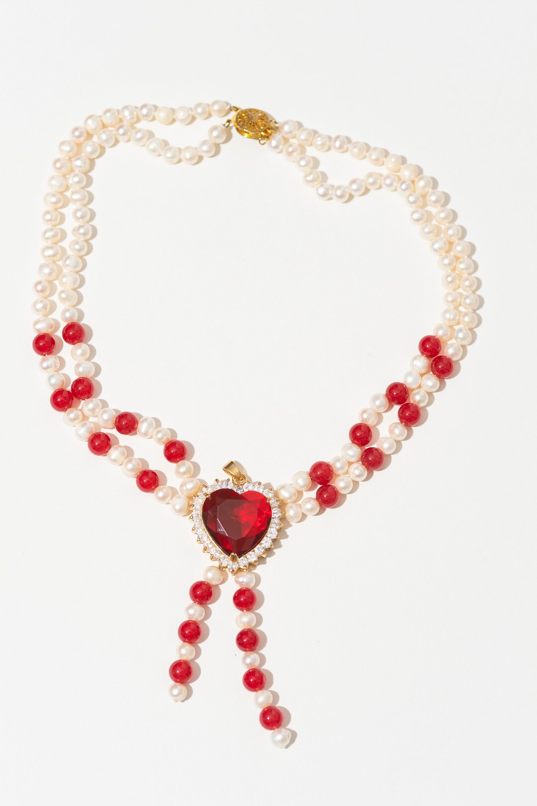 Vintage Red & White Pearl Necklace With Red Glass Heart Pendant 18K ...