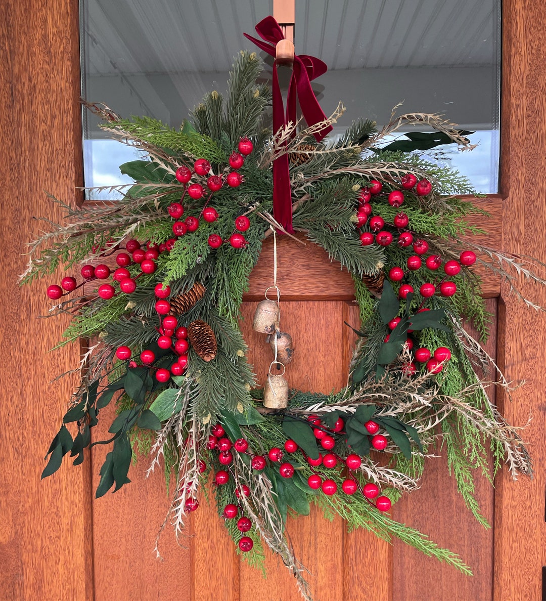 Wild and Rustic Red Berry Evergreen Christmas Wreath, Boho Christmas ...